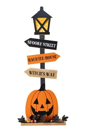 GLITZHOM Halloween Lighted Wooden Jack-o-lantern Lamp Post Porch Decor With Timer - Black