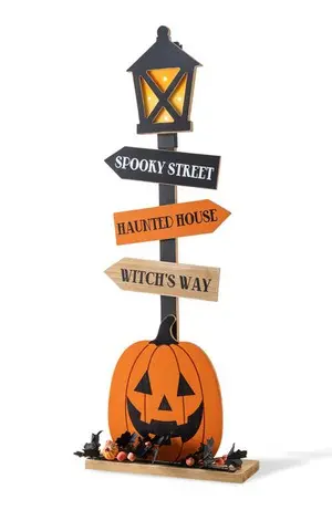 GLITZHOM Halloween Lighted Wooden Jack-o-lantern Lamp Post Porch Decor With Timer