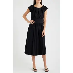 Loveappella Loveappella Cap Sleeve Ruched Midi Dress Black