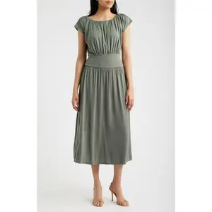 Loveappella Cap Sleeve Ruched Midi Dress - Olive