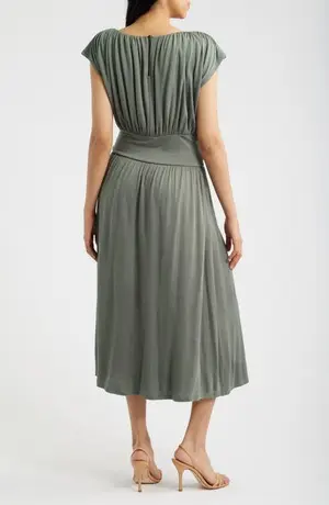Loveappella Cap Sleeve Ruched Midi Dress - Olive