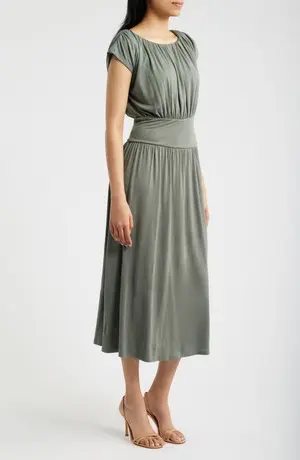 Loveappella Cap Sleeve Ruched Midi Dress - Olive