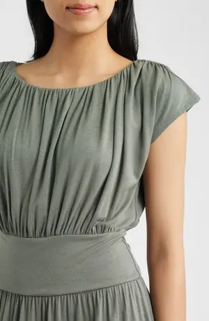 Loveappella Cap Sleeve Ruched Midi Dress - Olive