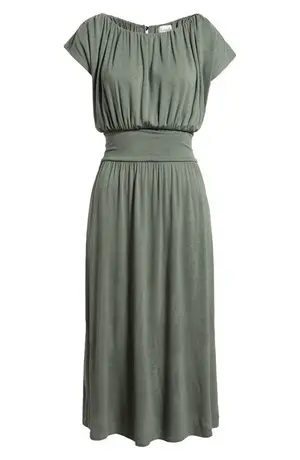 Loveappella Cap Sleeve Ruched Midi Dress - Olive