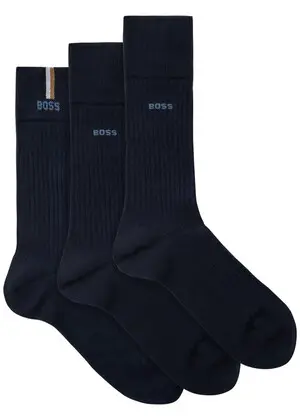 BOSS Ribbed Cotton-blend Crew Socks Set Of Three - Navy