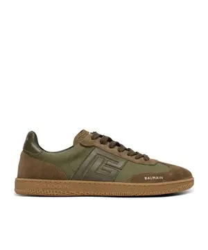 Balmain Leather And Canvas Swan Trainers - Khaki