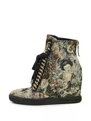 Casadei Brocade Wedge Sneakers With Chain-link Detailing - Neutrals