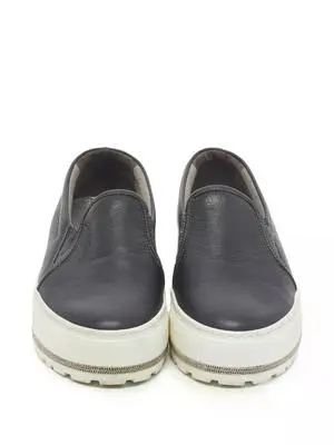 Brunello Cucinelli Black Leather Monili Chain Embellished Slip-on Sneakers
