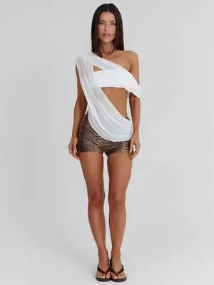OUTCAST Sylvee Crop Top Asymmetrical Draped Mesh