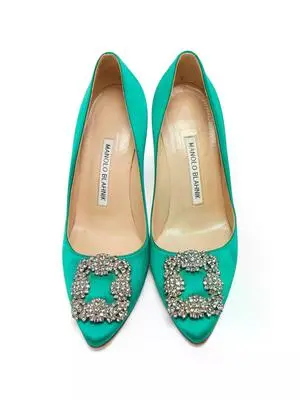 Manolo Blahnik Satin Crystal-embellished Pointed Toe Stiletto Heel Pumps - Green