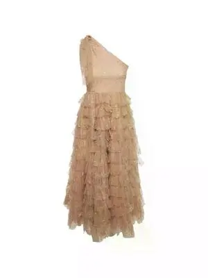 Red Valentino One-shoulder Tiered Midi Dress With Glitter Detail