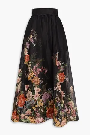 Zimmermann Floralprint Linen And Silkblend Organza Midi Dress - Black