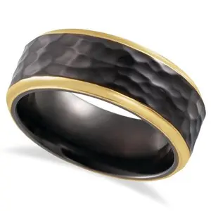 ALLUREZ 18k Yellow Gold Pvd And Black Hammered Wedding Band - Titanium