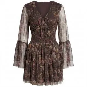 MODENAIRE Sheer Floral Midi Dress Pleated Silhouette - Brown