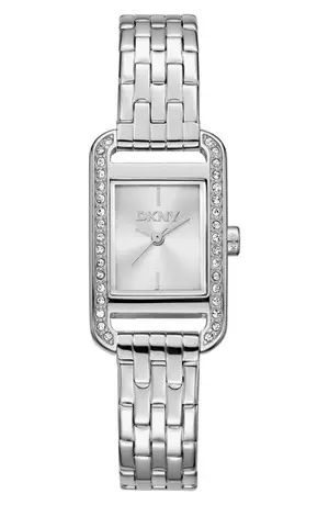 Dkny Signature Shape Crystal Bezel Tank Bracelet Watch Silver