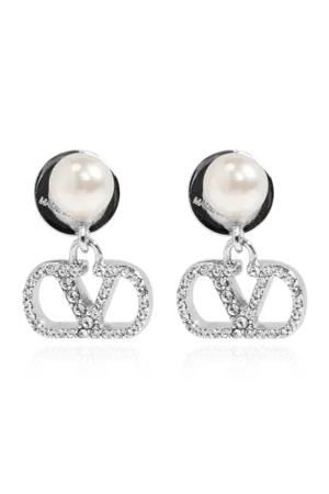 Valentino Garavani Tone Brass Crystal And Faux Pearl Drop Earrings - Silver