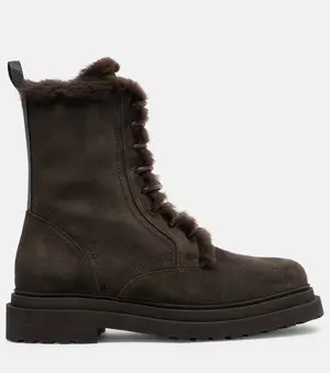 Brunello Cucinelli Monili Shearling-trimmed Suede Lace-up Boots