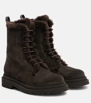 Brunello Cucinelli Monili Shearling-trimmed Suede Lace-up Boots - Brown