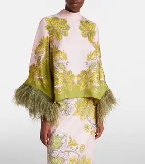 La DoubleJ Make An Exit" Feather-trimmed Silk Twill Top - Multicoloured