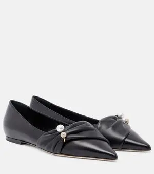 JIMMY CHOO Embellished Leather Pointed Toe Flats - Black