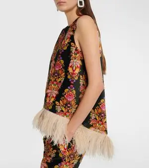 La DoubleJ La Scala Feather-trimmed Cotton Top - Multicoloured