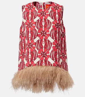La DoubleJ La Scala Feather-trimmed Cotton Top - Red
