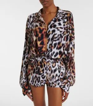 Norma Kamali Oversized Leopard-print Satin Bodysuit