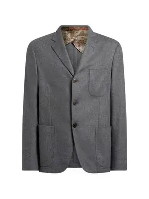 Etro Single-breasted Jacket In Plain-coloured Wool-blend Flannel - Grey