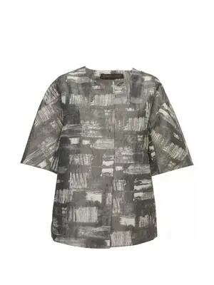 424 Abstract Print Jacquard Button-up Blouse