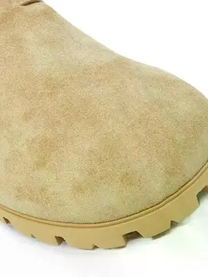 Prada Beige Suede Mules With Triangle Logo Plaque