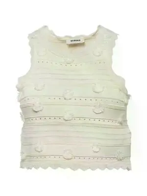 Sandro Beige Pointelle Knit Pom-pom Cut-out Top - Neutrals