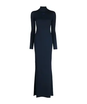 Off-White Funnel Neck Maxi Dress With Long Sleeves - Black