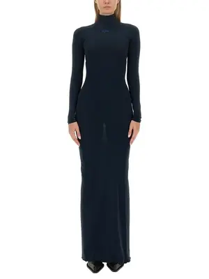 Off-White Funnel Neck Maxi Dress With Long Sleeves