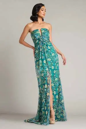 Tadashi Shoji Verica Floral Print Chiffon Gown - Tea Leaf/multi