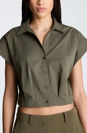 KENNETH COLE Cotton Blend Crop Button-up Shirt - Turtle Green