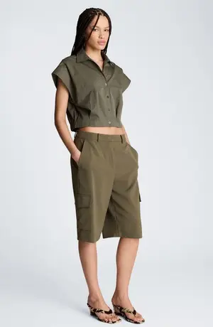 KENNETH COLE Cotton Blend Cropped Button-up Shirt - Turtle Green