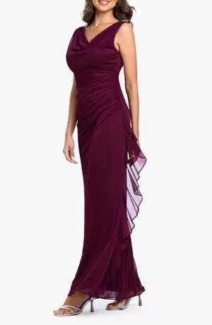 Betsy & Adam Side Ruffle Cowl Neck Sleeveless Gown