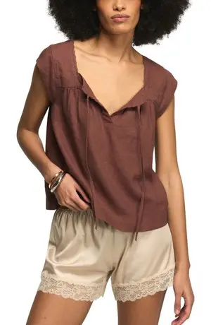 Lucky Brand Lace Trim Tie Neck Linen Blend Top - Marron