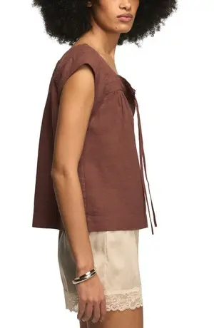 Lucky Brand Lace Trim Tie Neck Linen Blend Top