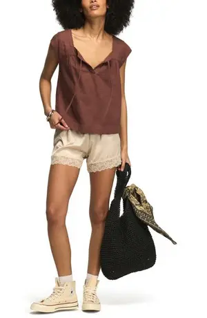 Lucky Brand Lace Trim Tie Neck Linen Blend Top