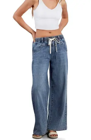 HINT OF BLU Elastic Waist Wide Leg Jeans - Relaxed Blue