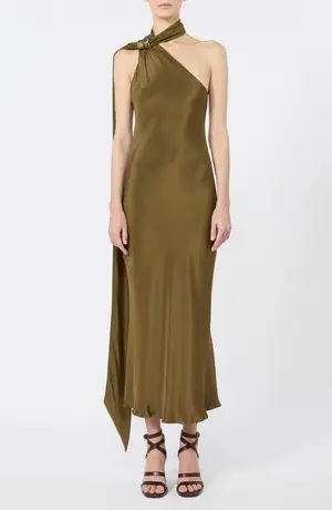 Max Mara One-shoulder Silk Satin Midi Dress - Mud