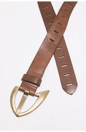 Free People Noa Leather Belt With Pointed Metal Buckle - Cognac