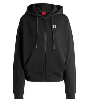 Hugo Cotton-terry Zip-up Hoodie With Stacked-logo Embroidery - Black