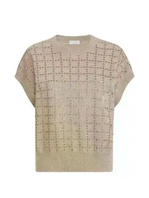 Brunello Cucinelli Cashmere Knit T-shirt With Embroidered Windowpane Detail - Neutrals
