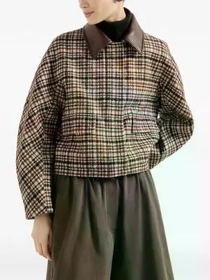 Brunello Cucinelli Checked Wool And Alpaca Jacket With Leather Collar And Monili