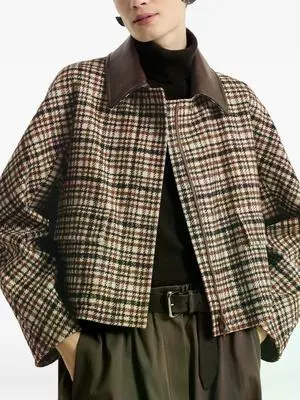 Brunello Cucinelli Checked Wool And Alpaca Jacket With Leather Collar And Monili