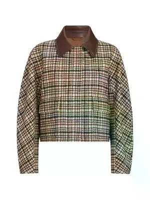 Brunello Cucinelli Checked Wool And Alpaca Jacket With Leather Collar And Monili - Neutrals
