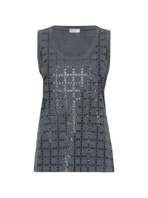 Brunello Cucinelli Cotton Jersey Top With Windowpane Embroidery