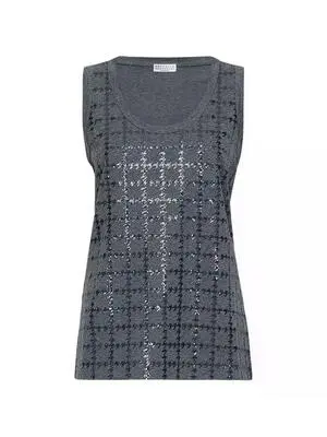 Brunello Cucinelli Cotton Jersey Top With Windowpane Embroidery - Grey